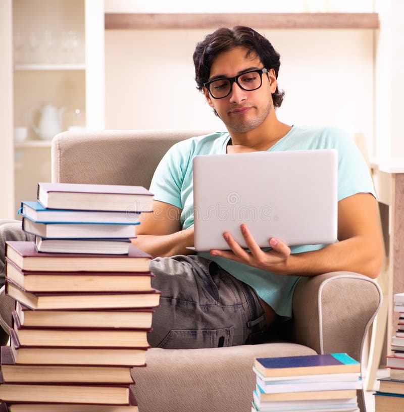 Male Student with Many Books at Home Stock Photo - Image of knowledge ...