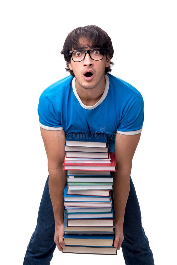 The Male Student with Many Books Isolated on White Stock Image - Image ...