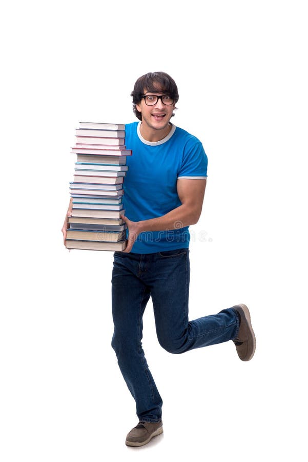 The Male Student with Many Books Isolated on White Stock Image - Image ...