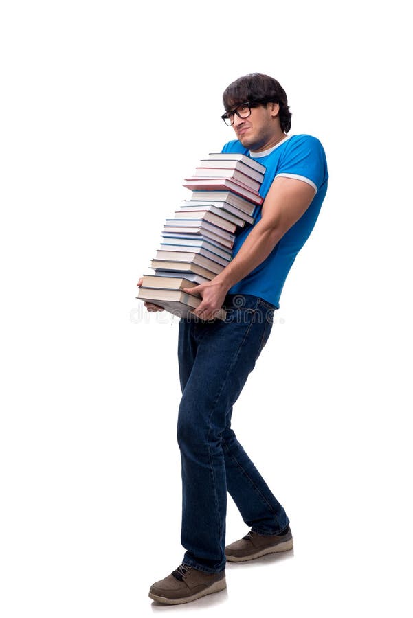Male Student with Many Books Isolated on White Stock Image - Image of ...