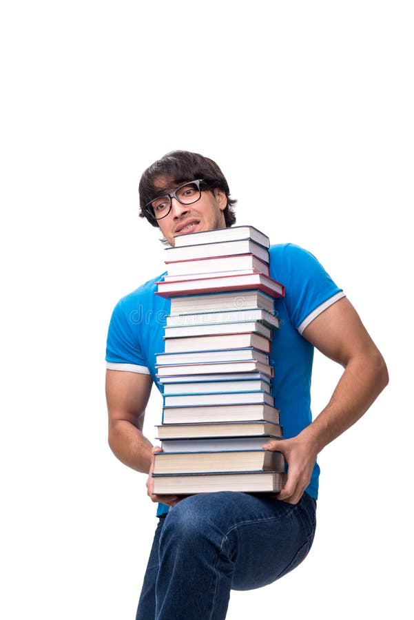 Male Student with Many Books Isolated on White Stock Photo - Image of ...