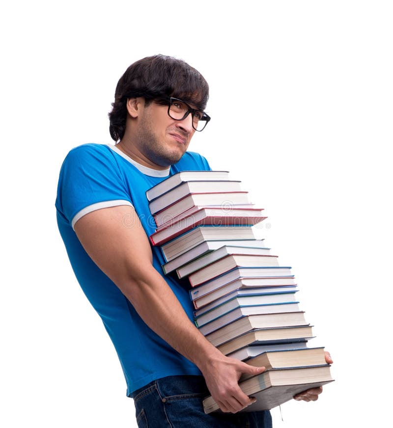 Male Student with Many Books Isolated on White Stock Photo - Image of ...