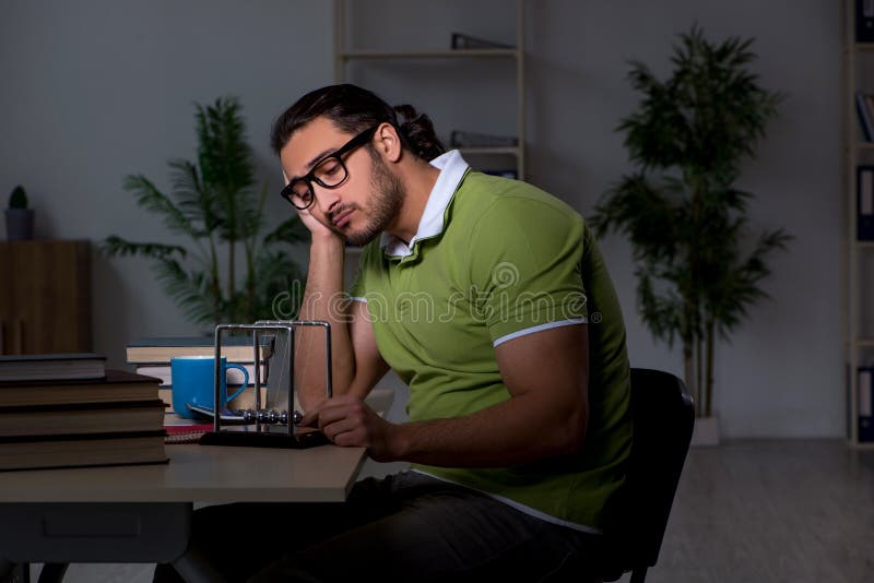 Young Male Student Physicist Working Hard at Night Time Stock Photo ...
