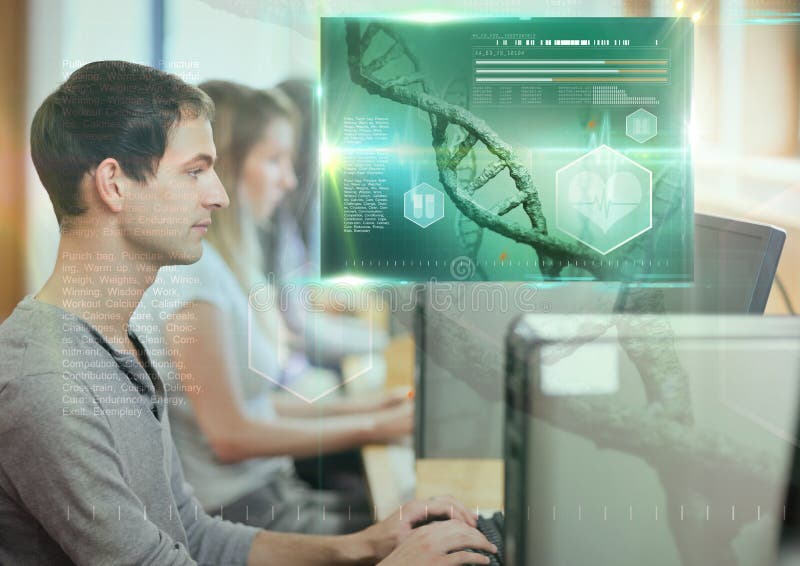 Male Student Studying with Computer and Science Education Interface ...