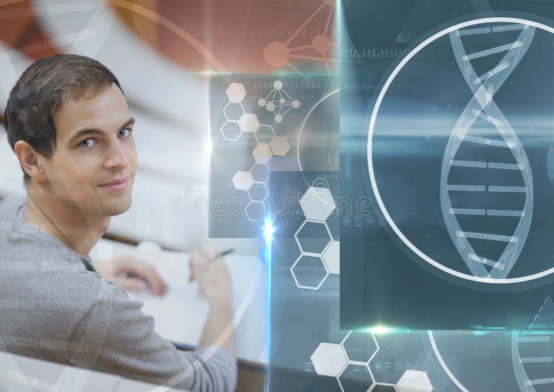 Male Student Studying with Notes and Science Education Interface ...