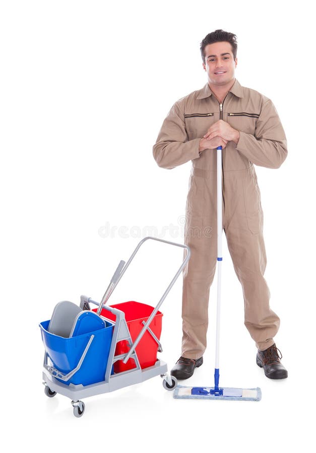 Male Sweeper Cleaning Floor Stock Image - Image of industrial, bucket ...