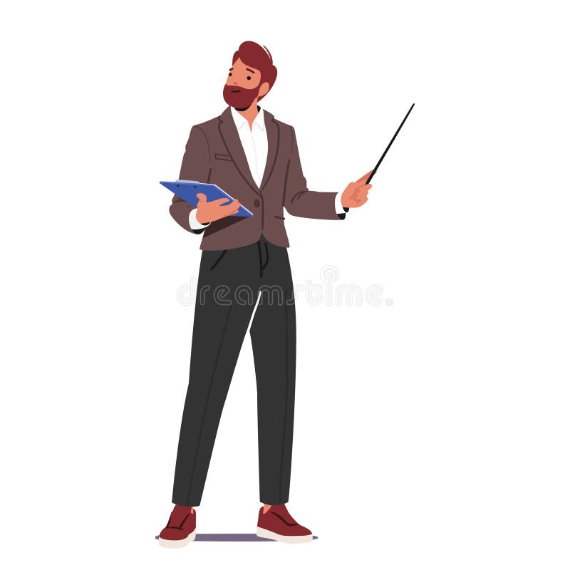 Male Teacher Character Holding Pointer and Clipboard while Explain ...