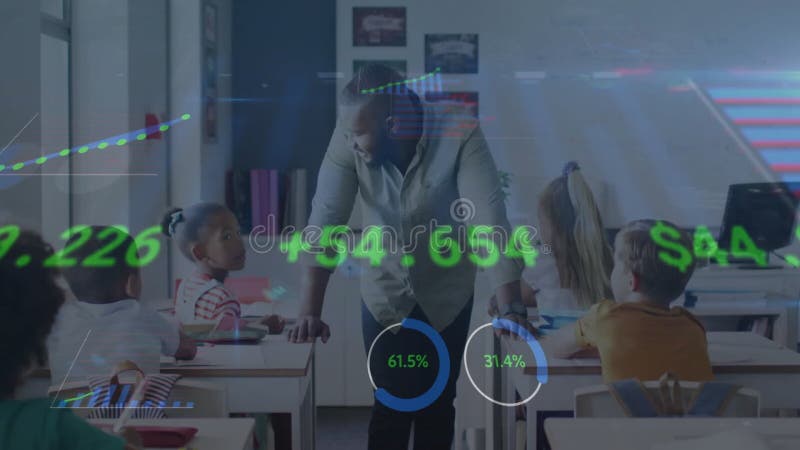 Male Teacher Guiding Students in Classroom, Showing Animated Pie Charts ...