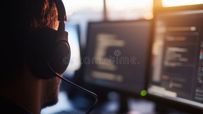 Male Tech Professional Wearing Headset while Coding on Screens in ...
