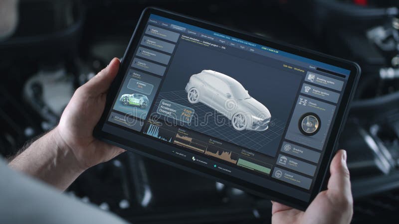 Male Technician Holds Tablet with Simulation of Car Diagnostics and ...