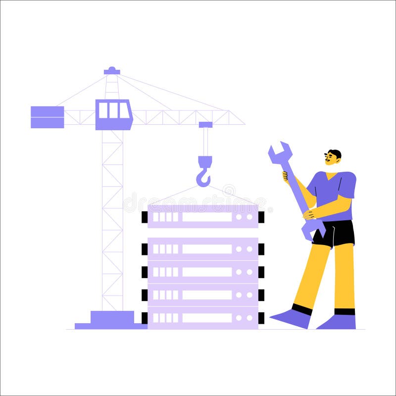 Male Technician Managing Server Equipment with Crane in Flat Vector ...
