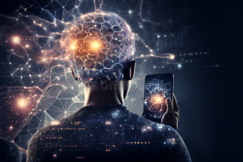 Male Technician with a Mobile Smart Phone Facing a Virtual Internet ...