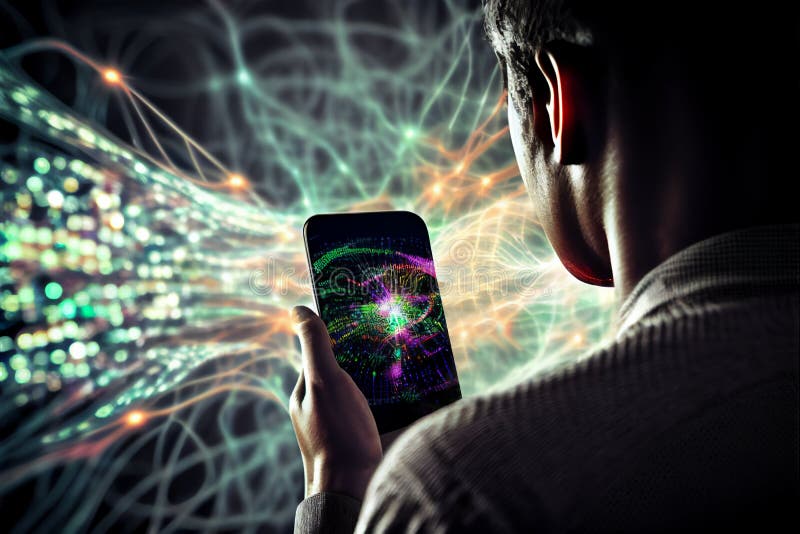 Male Technician with a Mobile Smart Phone Facing a Virtual Internet ...