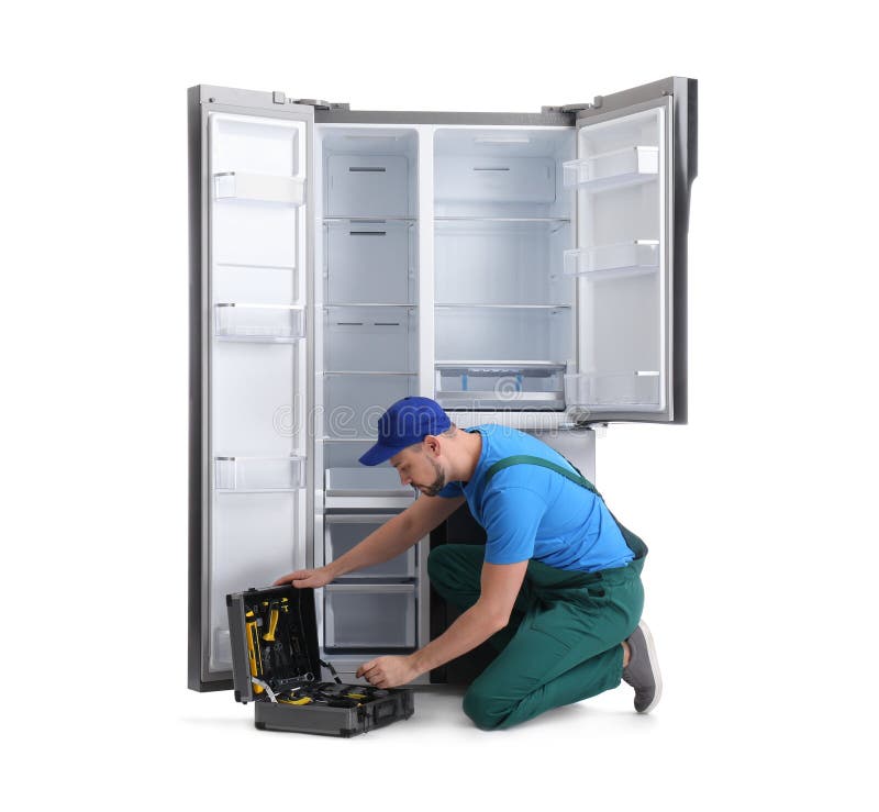 Male Technician with Tool Box Near Refrigerator on White Background ...