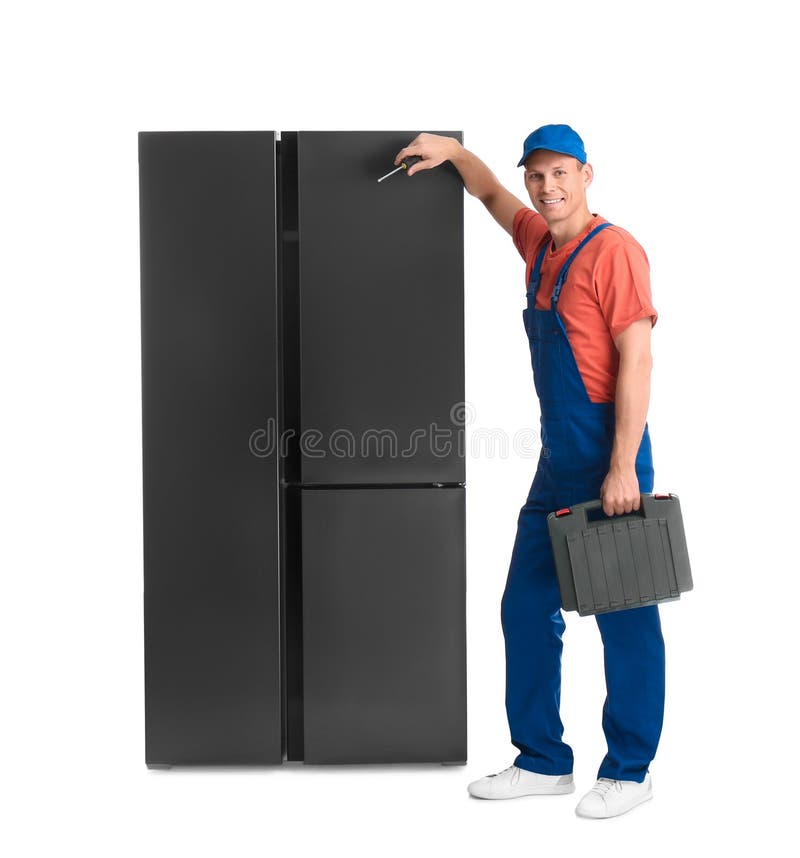 Male Technician with Tool Box Near Refrigerator on Background Stock ...