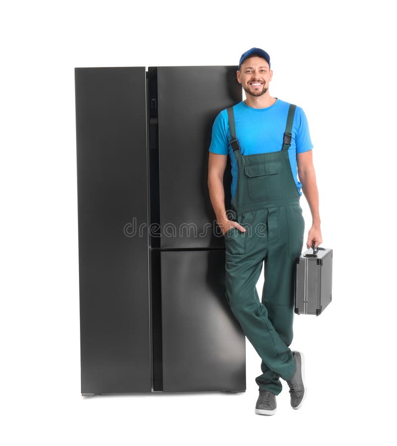 Male Technician with Tool Box Near Refrigerator on White Stock Photo ...