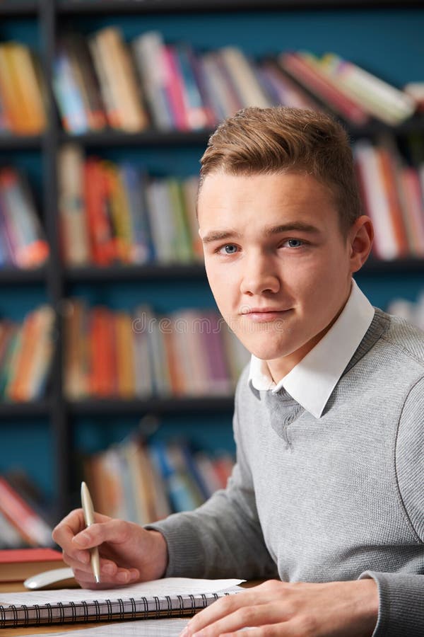 Male Teenage Student Working in Library Stock Photo - Image of homework ...