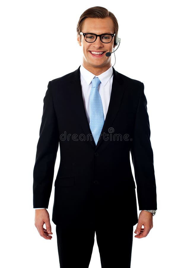 Male Telemarketer Posing in Headsets, Smiling Stock Image - Image of ...