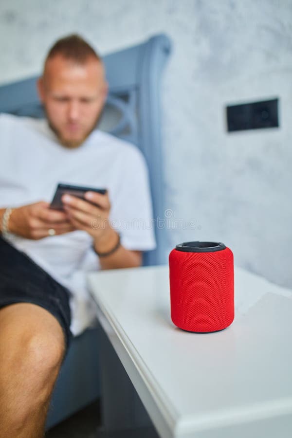Male Testing Talking Smart Wireless Speaker, Man Controlling Home ...