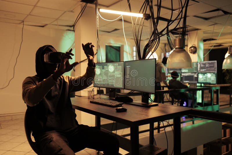 Male Thief Programming Computer Virus In Vr Headset Stock Image Image