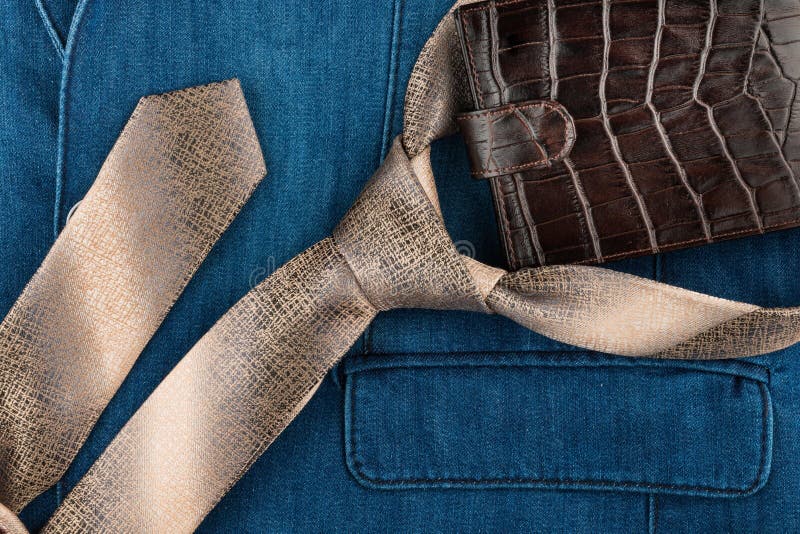 Male Tie and Wallet Lying on Denim Suit. Stock Image - Image of male ...