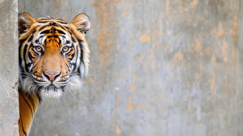 Male Tiger Peeks from Behind a Wall Stock Image - Image of closeup ...