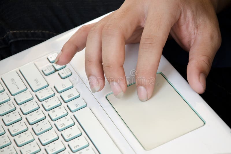 Male Touchpad Computer Working at Home Office Hand on Touch Pad Close ...