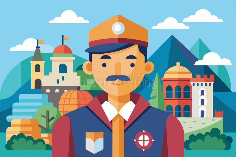 Male Tour Guide with Mustache and Uniform in Front of Cityscape, Tour ...
