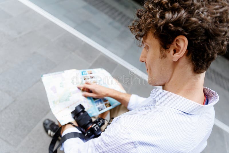 Male tourist in city stock photo. Image of smile, cheerful - 74631136