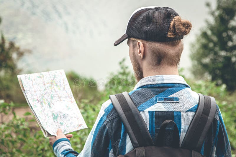Male Traveler Looking at the Map, Hiking Concept. Stock Photo - Image ...