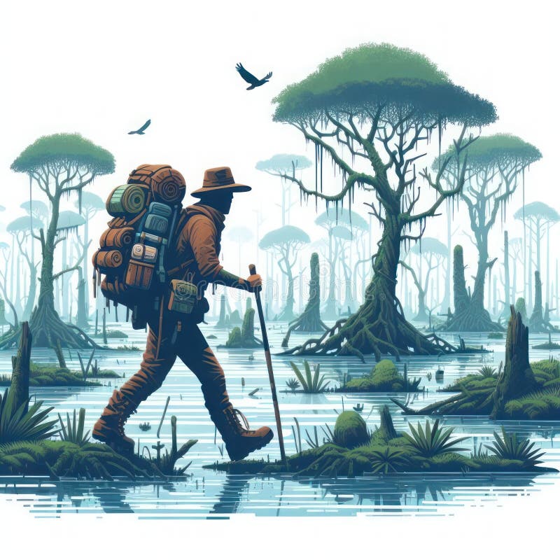 A Male Traveler Walking through a Swamp. Stock Illustration ...