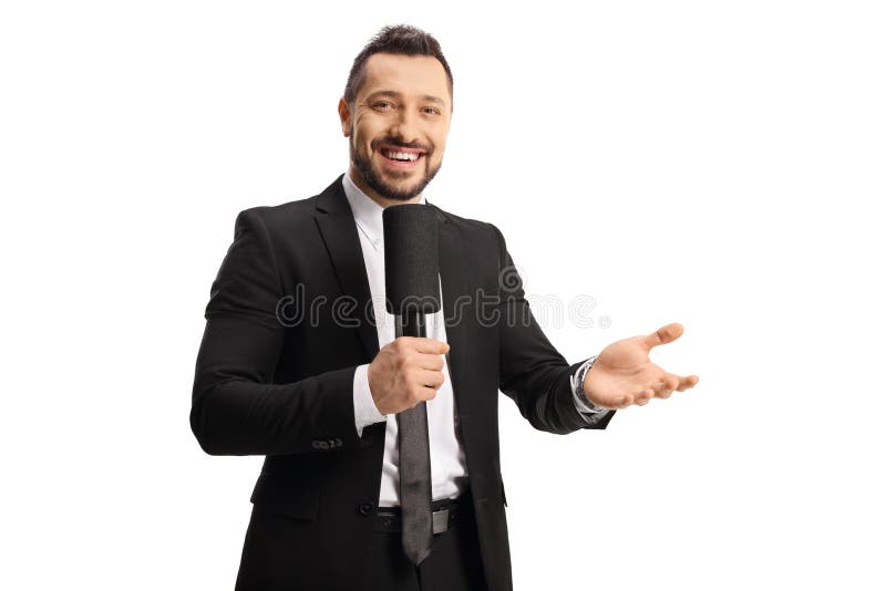 Male Tv Host Smiling and Holding a Microphone Stock Image - Image of ...