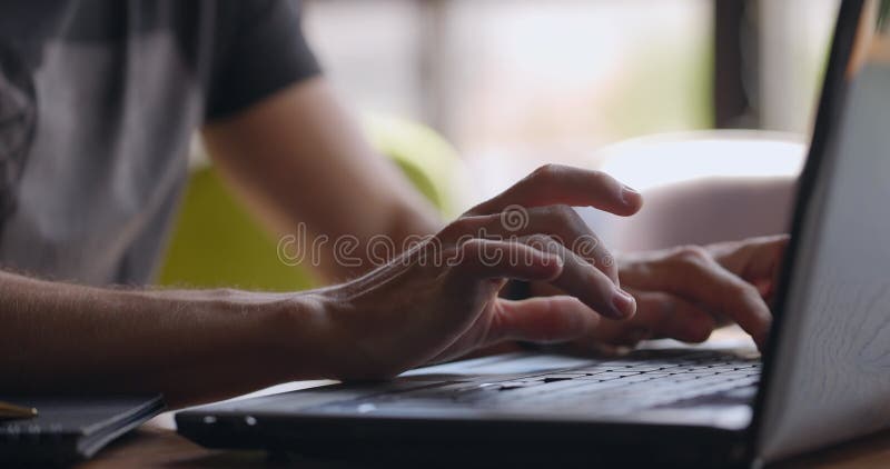Male User Hands Typing on Laptop Keyboard Sit at Table, Businessman ...