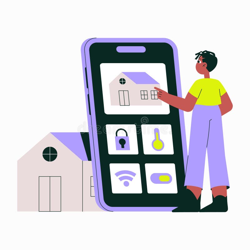 Smart Home Control System on Smartphone with Male User in Flat Vector ...