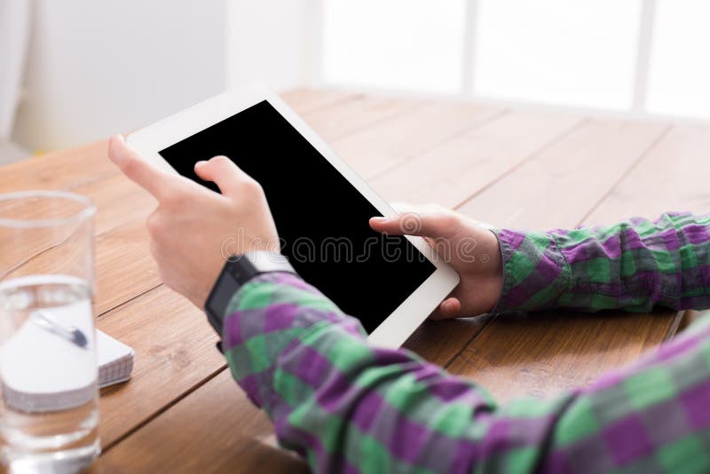 Male Using Digital Tablet, Close Up, Side View, Stock Image - Image of ...