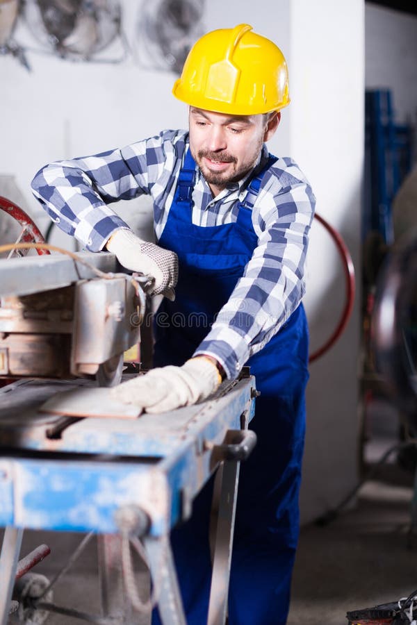 Male is Using Disk Saw To Cut Tile Stock Photo - Image of white ...
