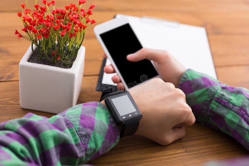Male Using Smart Watch at Workplace, Close Up, Side View, Stock Image ...