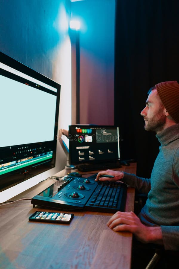 Male Video Editor Working on His Personal Computer with Big Blank ...