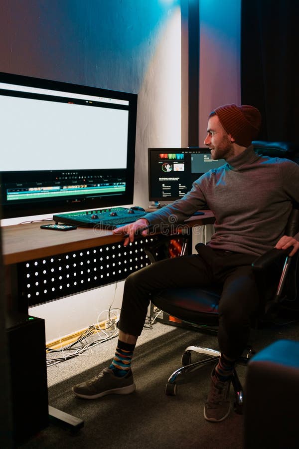 Male Video Editor Working on His Personal Computer with Big Blank ...