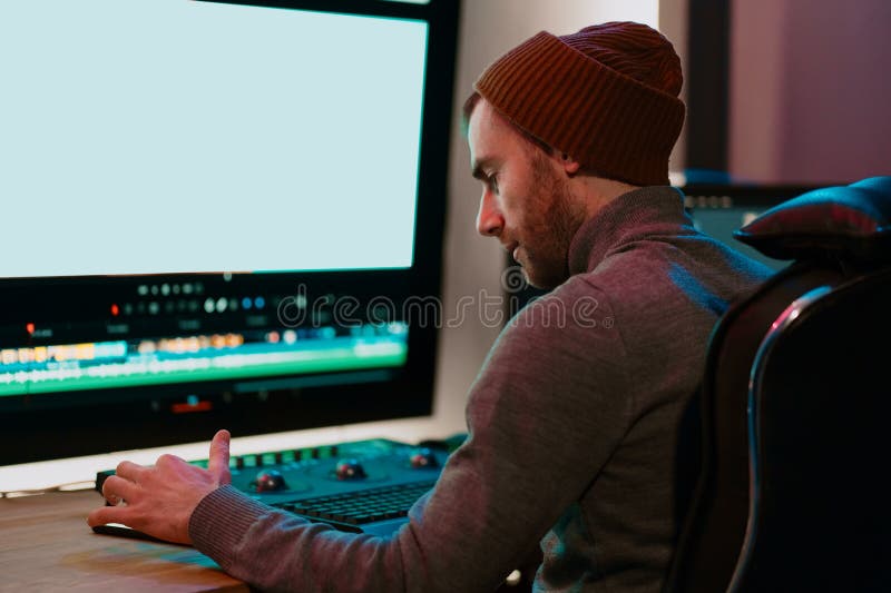 Male Video Editor Working on His Personal Computer with Big Blank ...