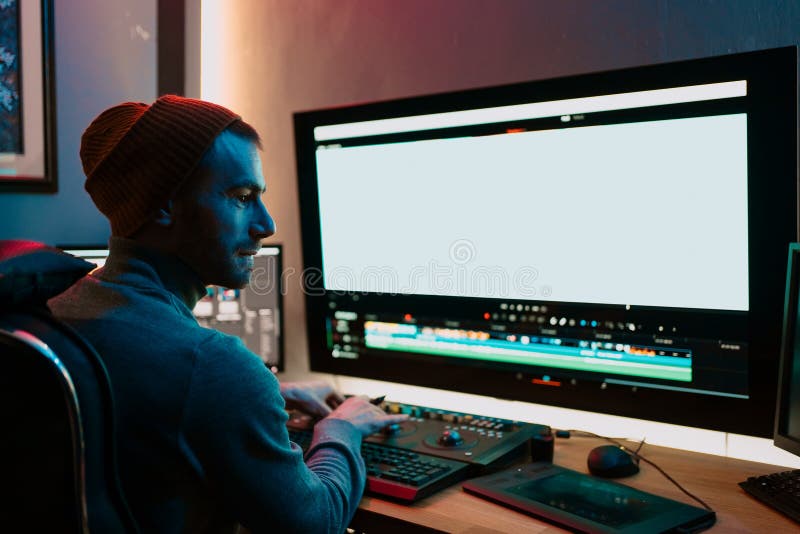 Male Video Editor Working on His Personal Computer with Big Blank ...