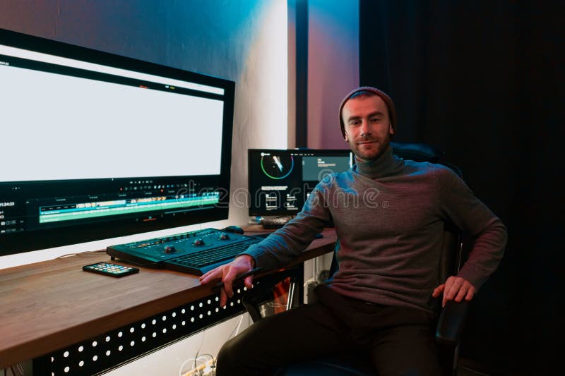 Male Video Editor Working on His Personal Computer with Big Blank ...