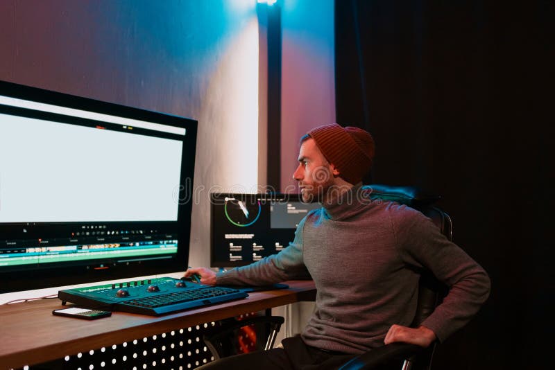Male Video Editor Working on His Personal Computer with Big Blank ...