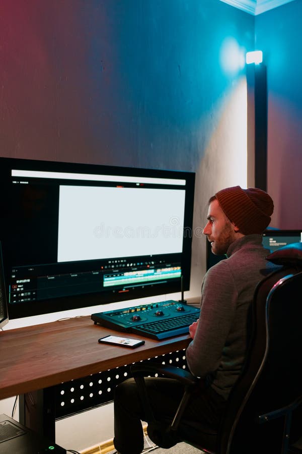 Male Video Editor Working on His Personal Computer with Big Blank ...