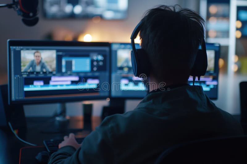 Male Video Editor Works on Computer with Dual Monitors in Modern Studio ...