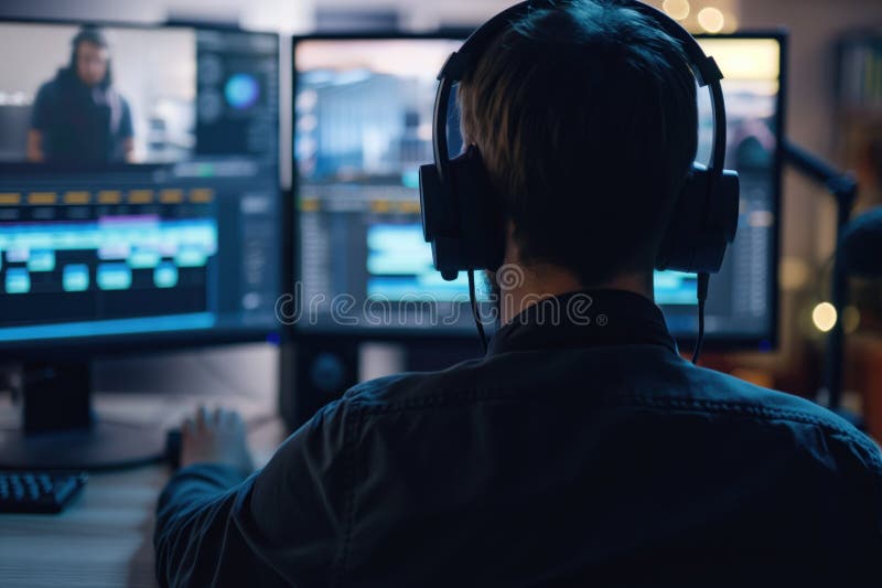 Male Video Editor Works on Computer with Multiple Screens in Modern ...