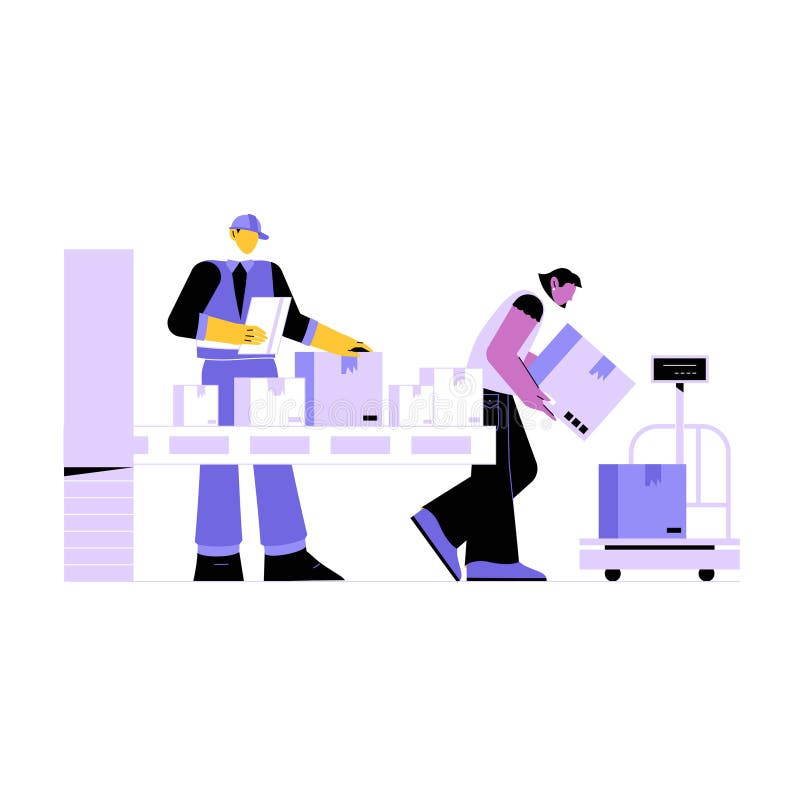 Male Warehouse Workers Sorting Packages on Conveyor in Flat Vector ...