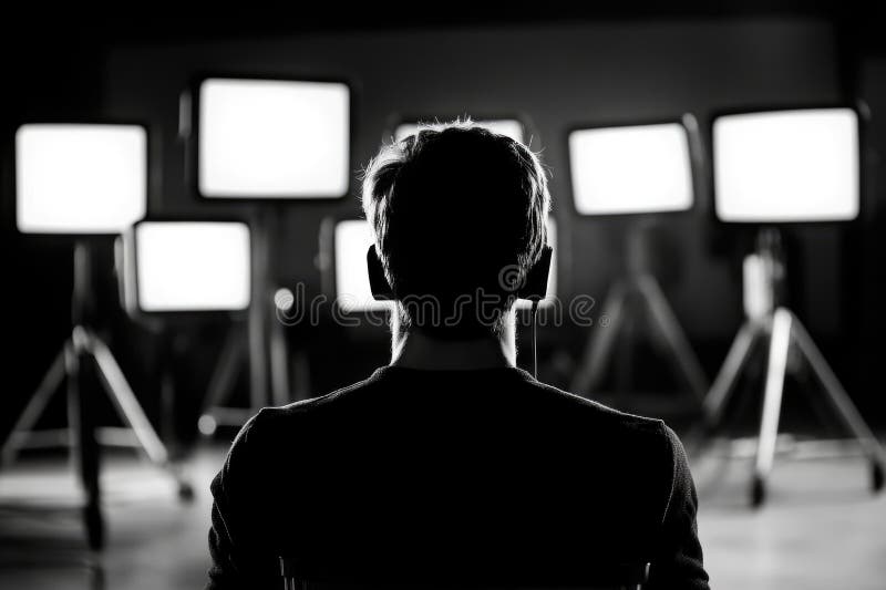 Male Watching Multiple Screens in Dark Room Stock Image - Image of ...