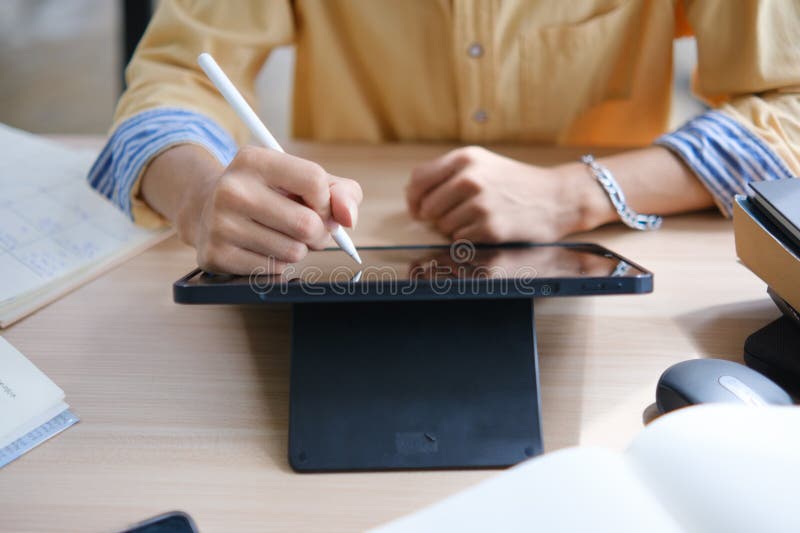 Male Web Designer Drawing with Graphic Tablet at Table in Office. Stock ...