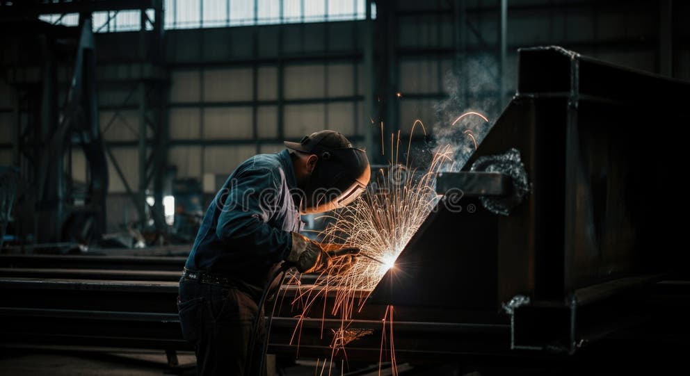 Male Welder Working with Sparks in Industrial Workshop Setting Stock ...